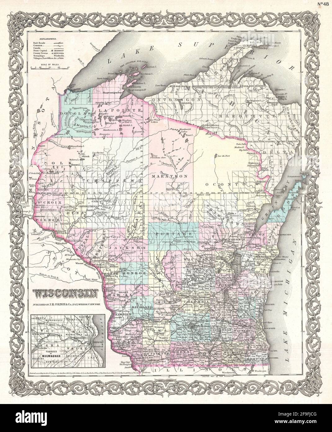 Beautiful vintage hand drawn Colton's map of Wisconsin from 1860 with ...