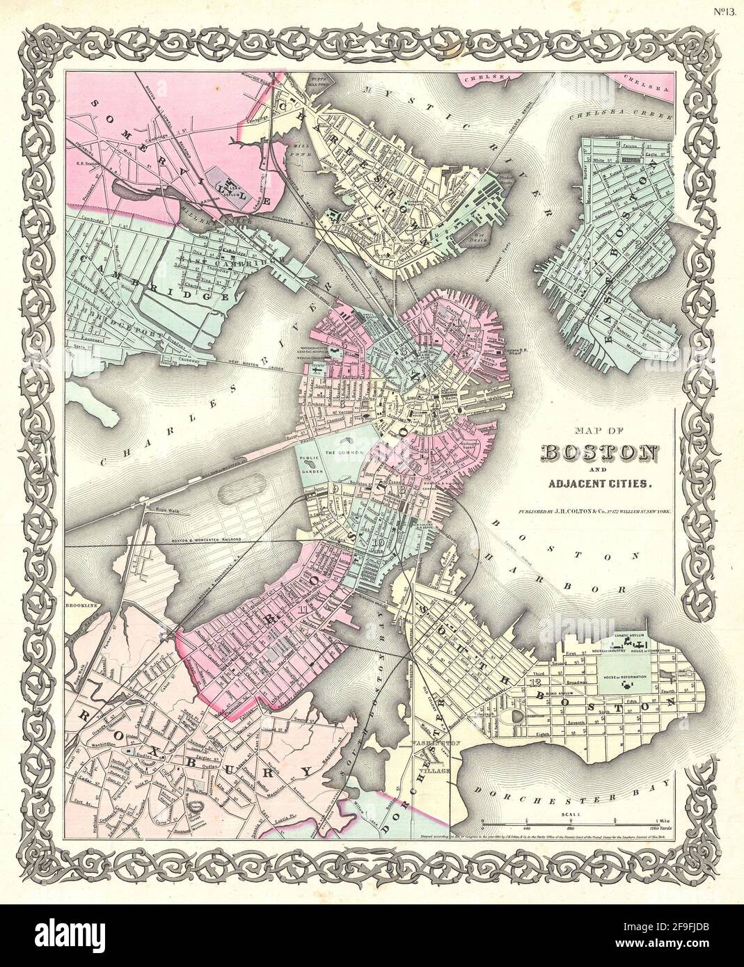 Beautiful vintage hand drawn Colton's map of Boston from 1860 with ...