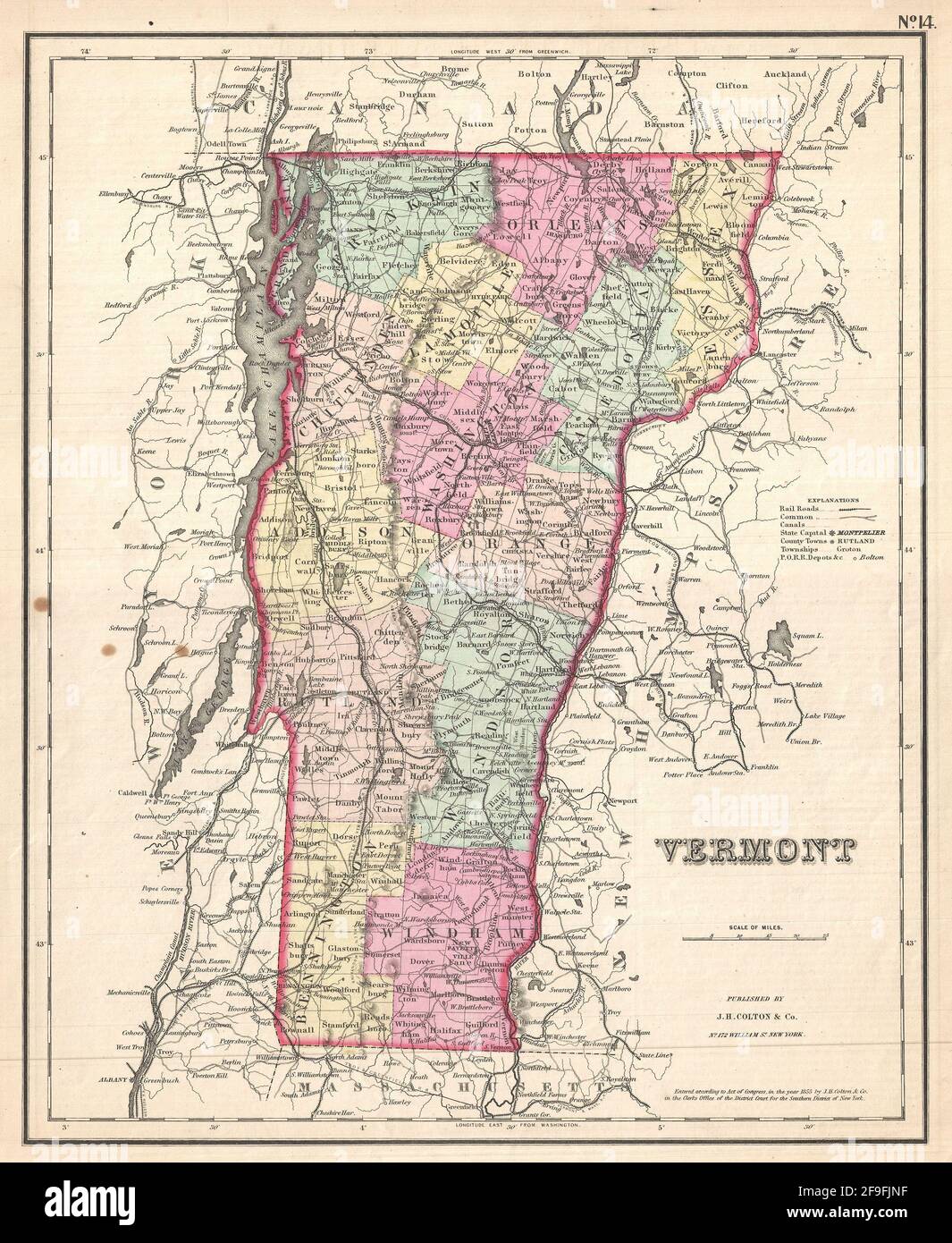 Beautiful vintage hand drawn Colton's map of Vermont from 1860 with ...