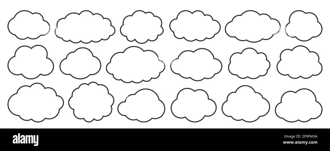 Line black empty flat vector cloud set. Clouds cartoon symbols on white ...