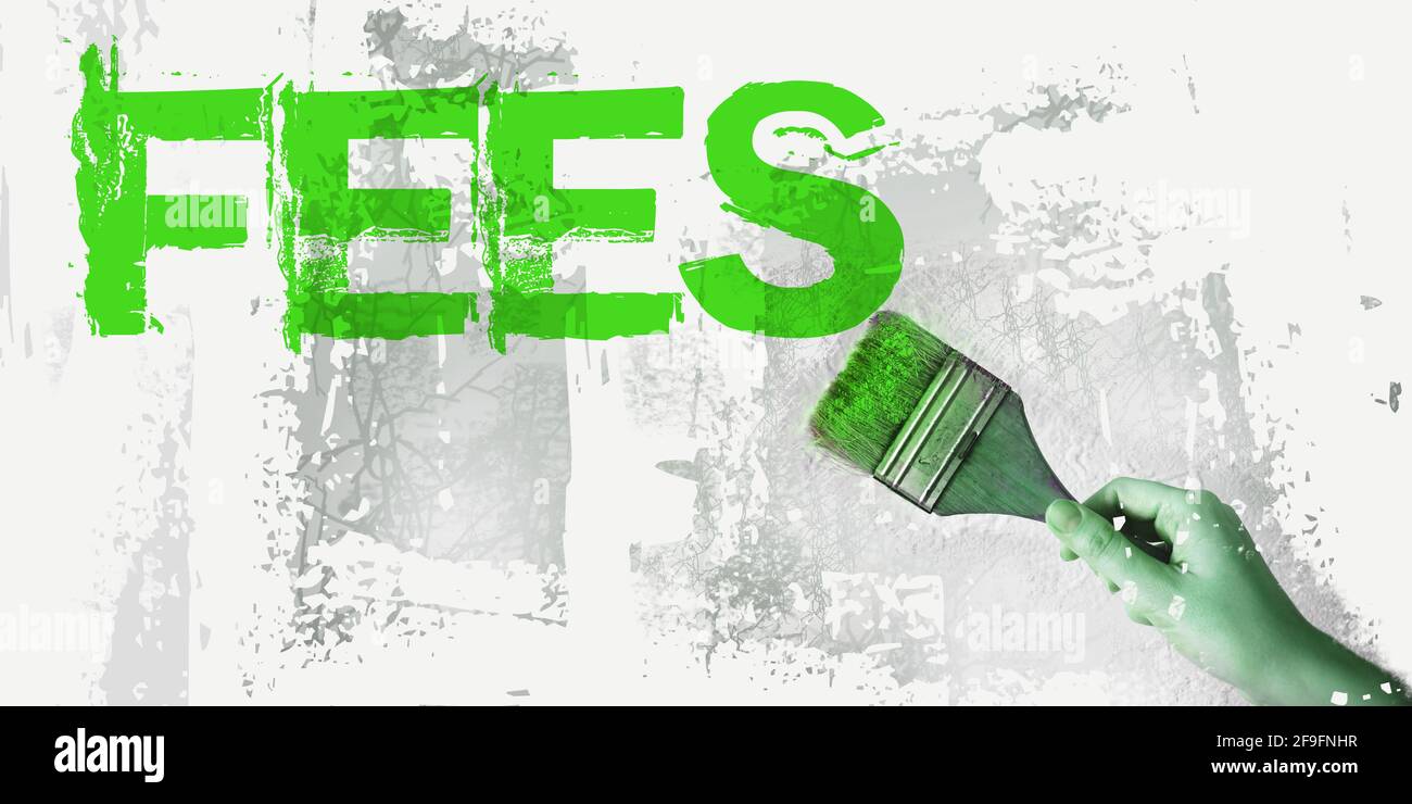 Fees word in red and brush in hand on grundge white grey background ...