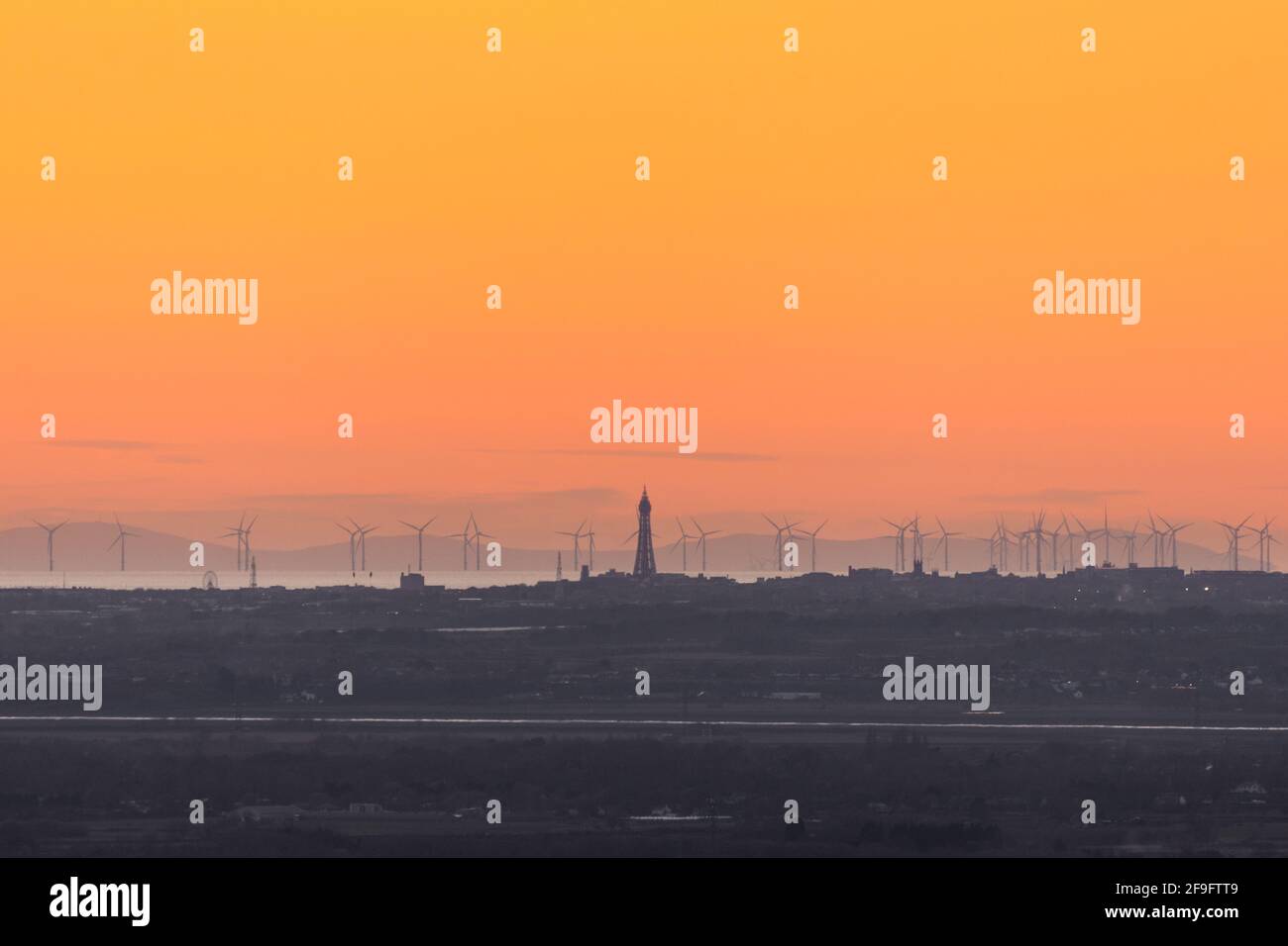 View of Blackpool including Blackpool Tower and offshore wind farm ...