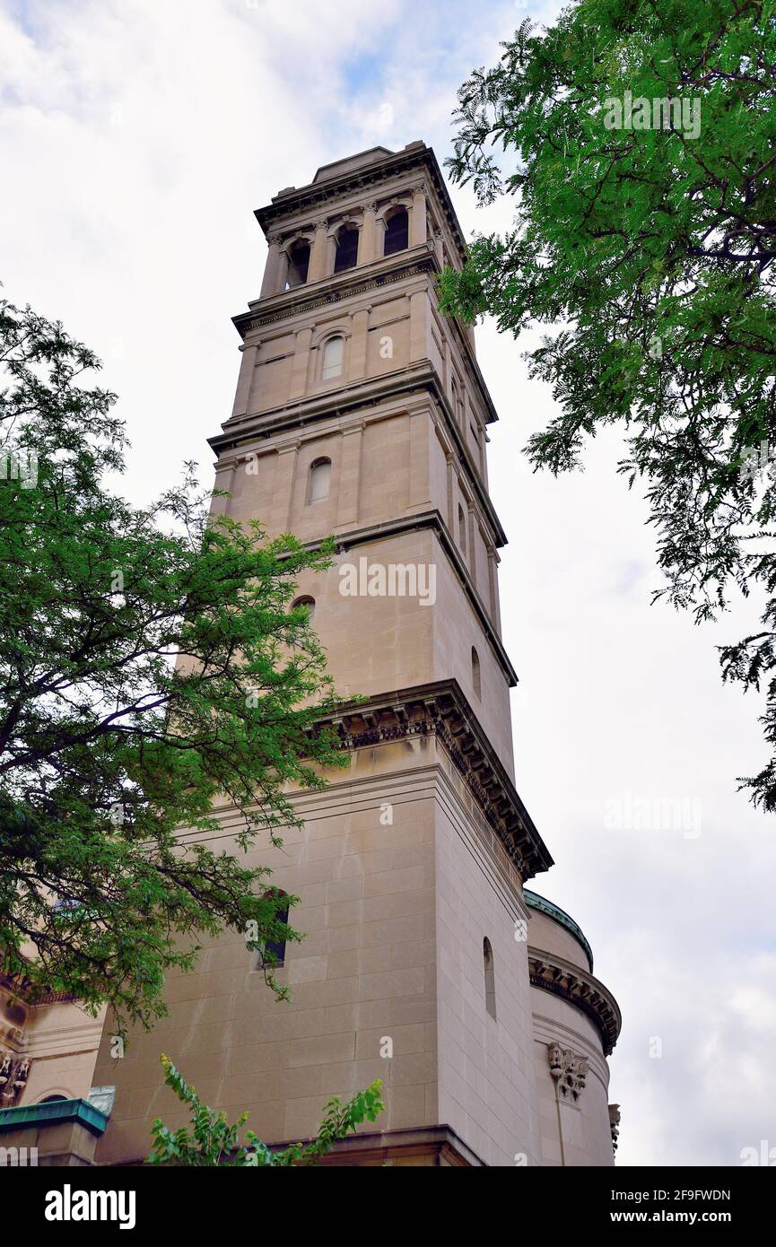 Chicago, Illinois, USA. The bell tower of St. Ignatius Catholic Church ...