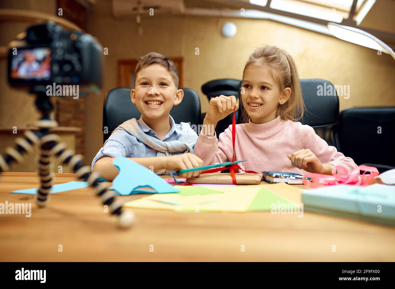 Children vloggers poses on camera, little bloggers Stock Photo - Alamy