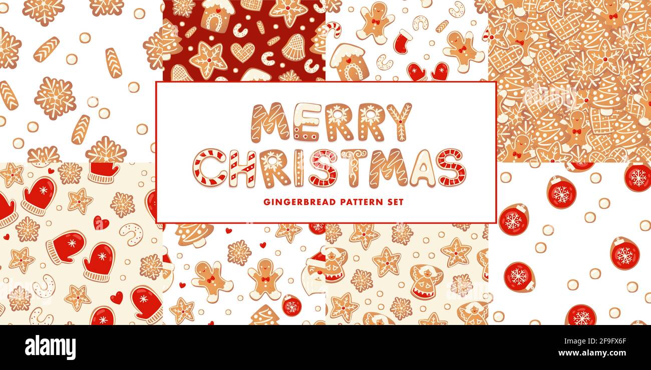 Christmas gingerbread vector seamless patterns set. Winter characters ...
