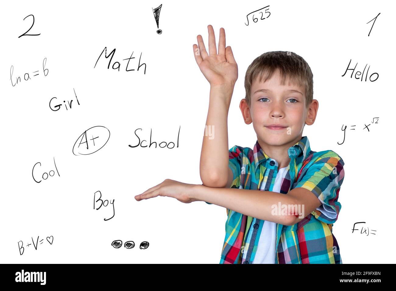 A smart, cute boy raises his hand to answer in class. Happy child ...