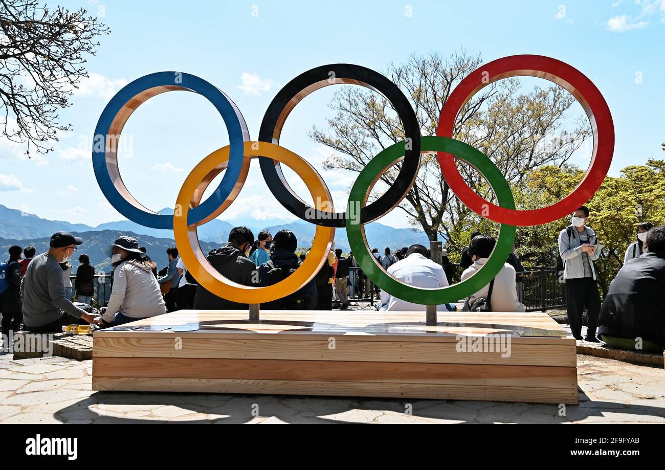 Hachioji, Japan. 18th Apr, 2021. The Olympic rings is seen at the top ...