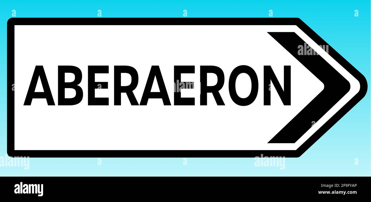 A graphic illlustration of a British road sign pointing to Aberaeron ...