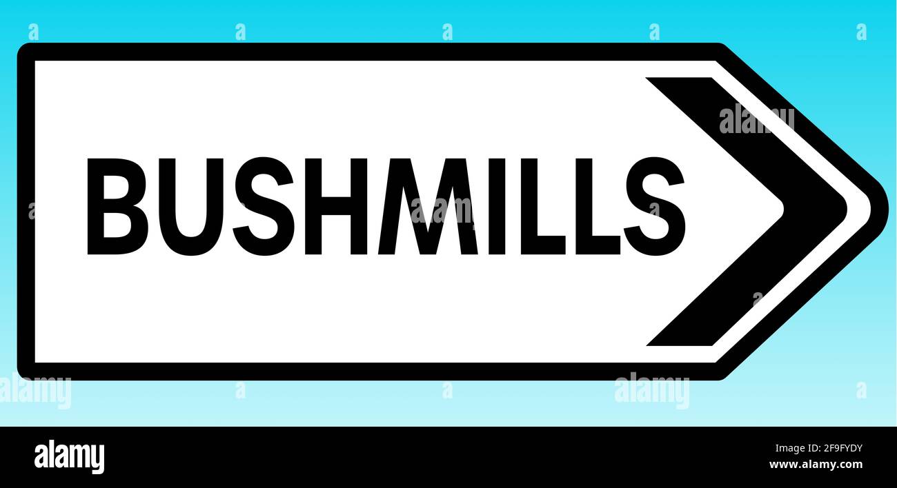 A graphic illlustration of a British road sign pointing to Bushmills ...