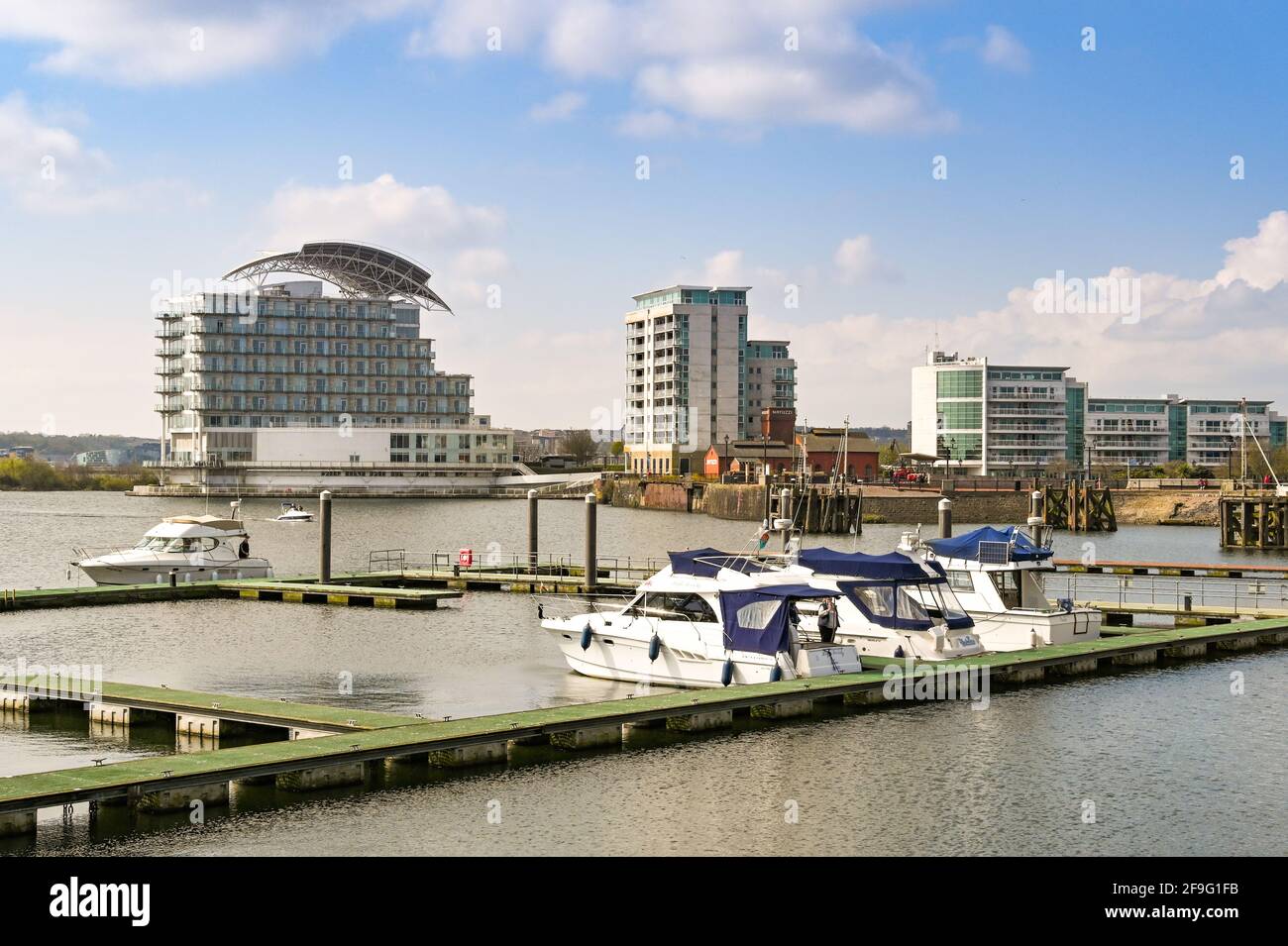 Cardiff Bay, Wales - April 2021: Boats moored in the marina in Cardiff ...