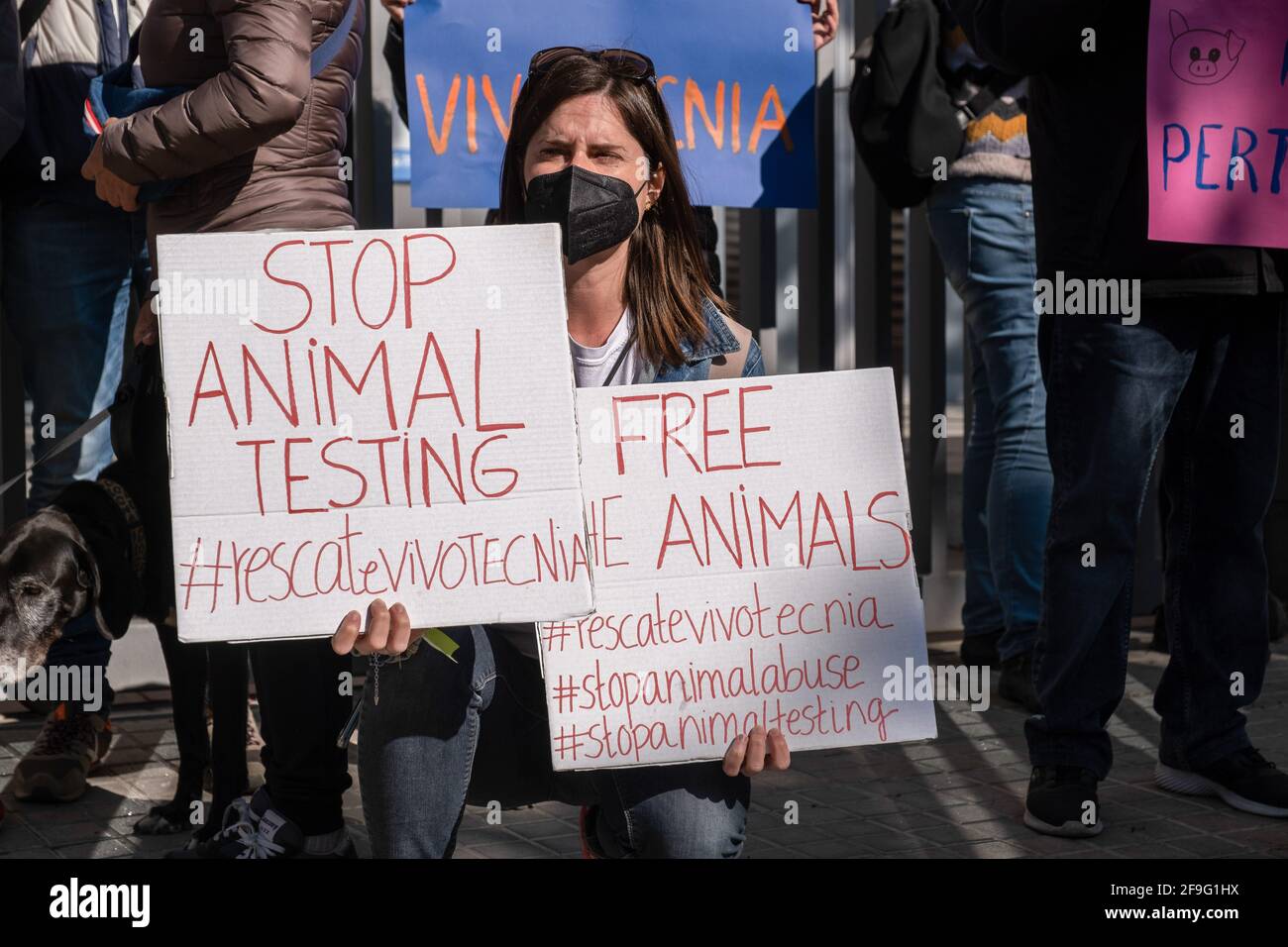 Barcelona, Spain. 18th Apr, 2021. Protesters hold placards against ...