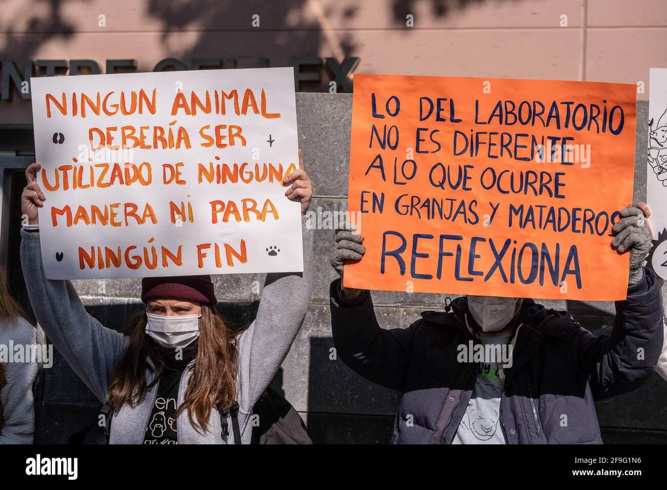 Barcelona, Spain. 18th Apr, 2021. Protesters hold placards against ...