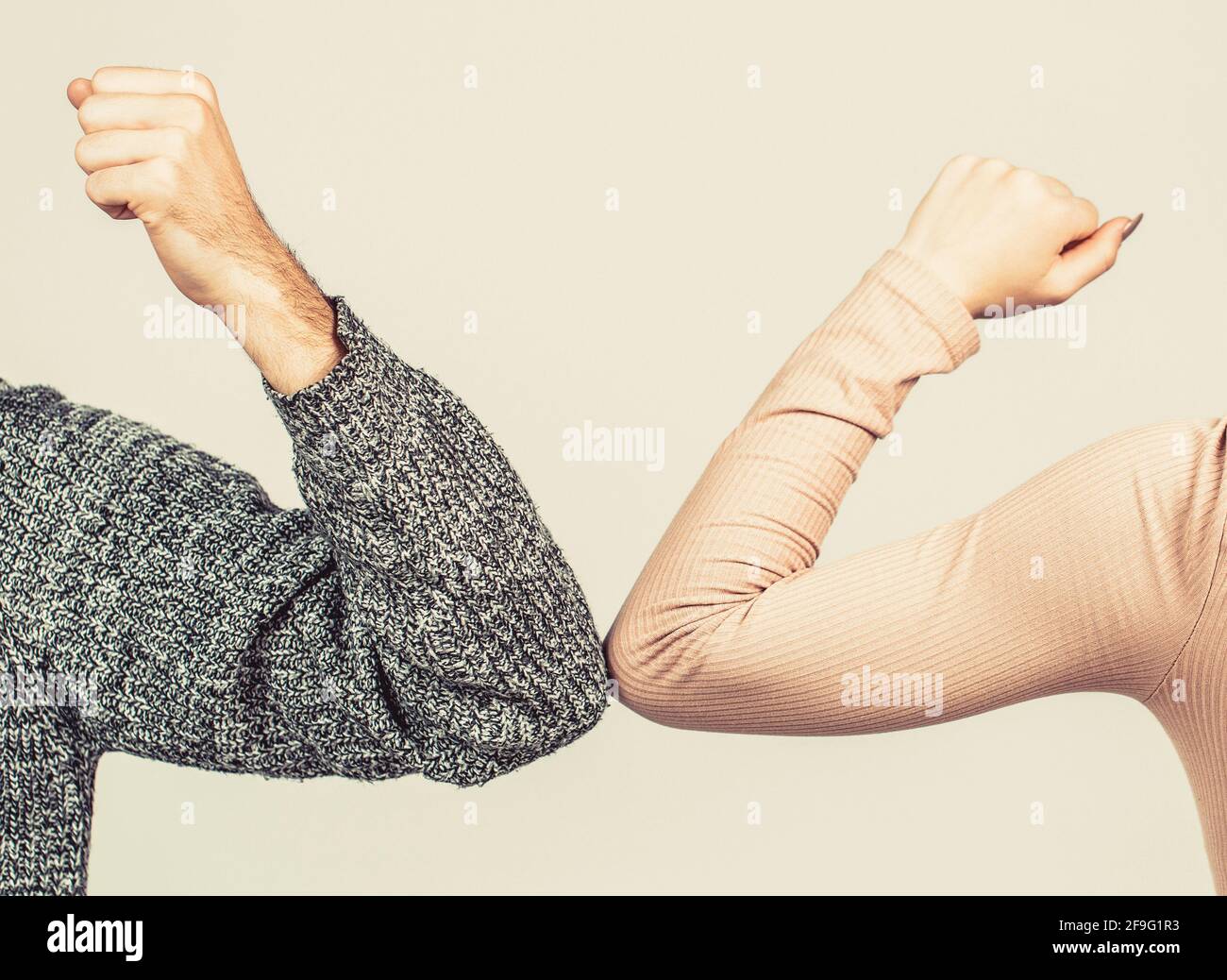 Elbows bump. Health care concept. Social distancing. Two people bump ...