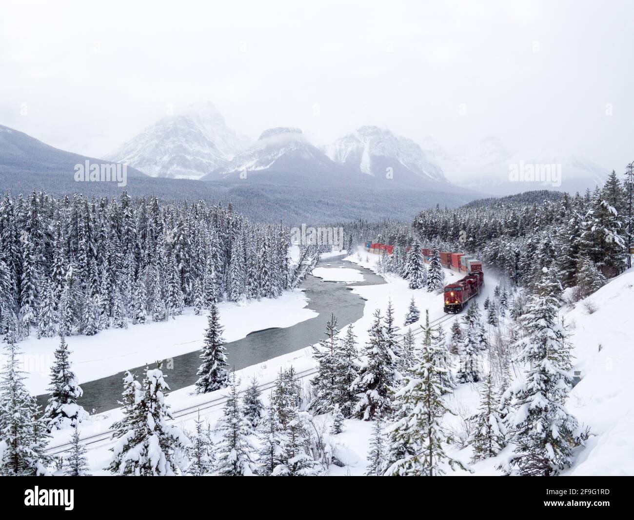 red cargo train in a winter scenery in the mountains with pine trees ...