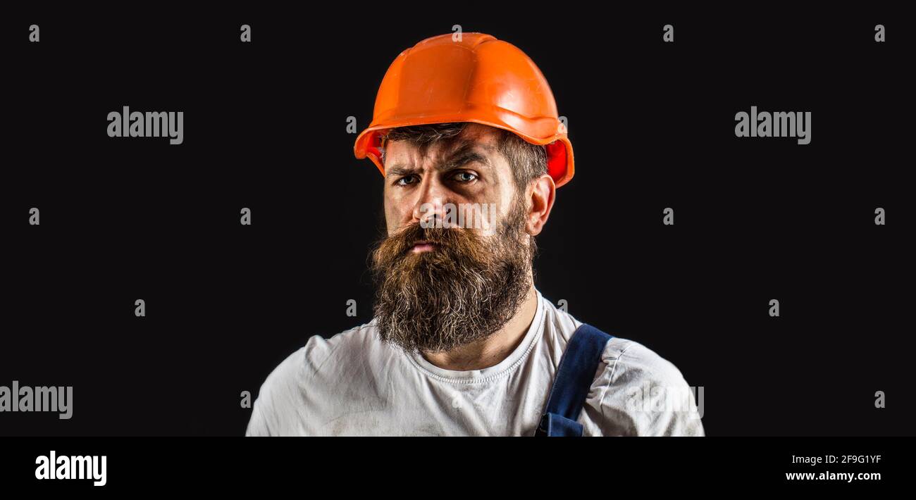 Portrait builder, civil engineer working. Builder in hard hat, foreman ...