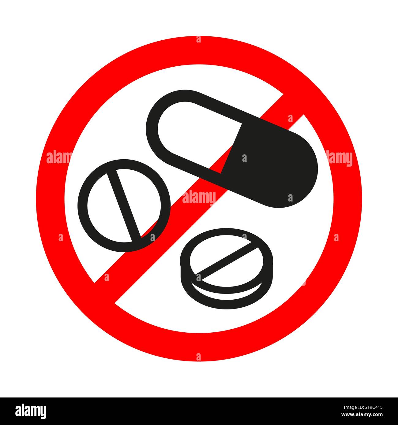 No drugs red forbidden sign with different pills isolated on white ...