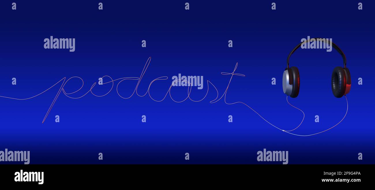 Headphones forming the word "podcast" with their cord on blue ...