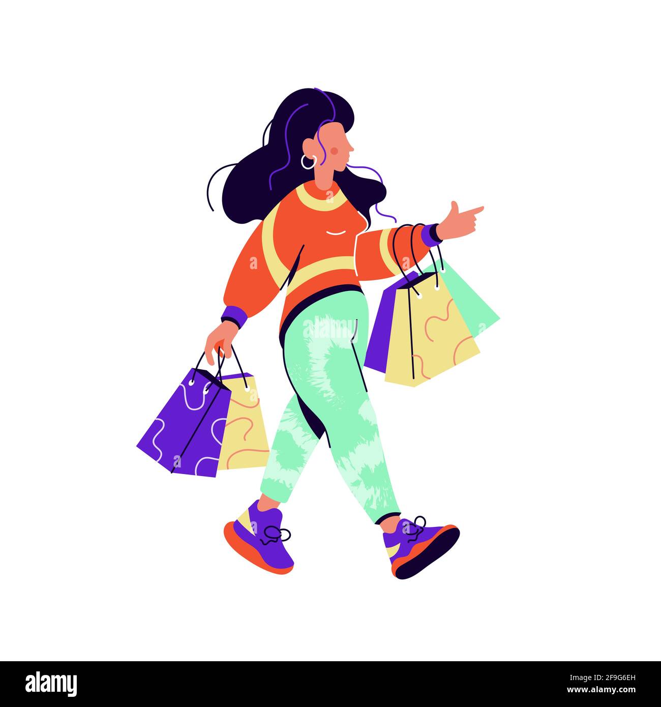 Vector illustration of brunette woman walking with numerous shopping ...