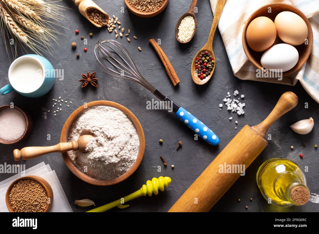 Bakery ingredients for homemade bread baking on table. Baker food set ...