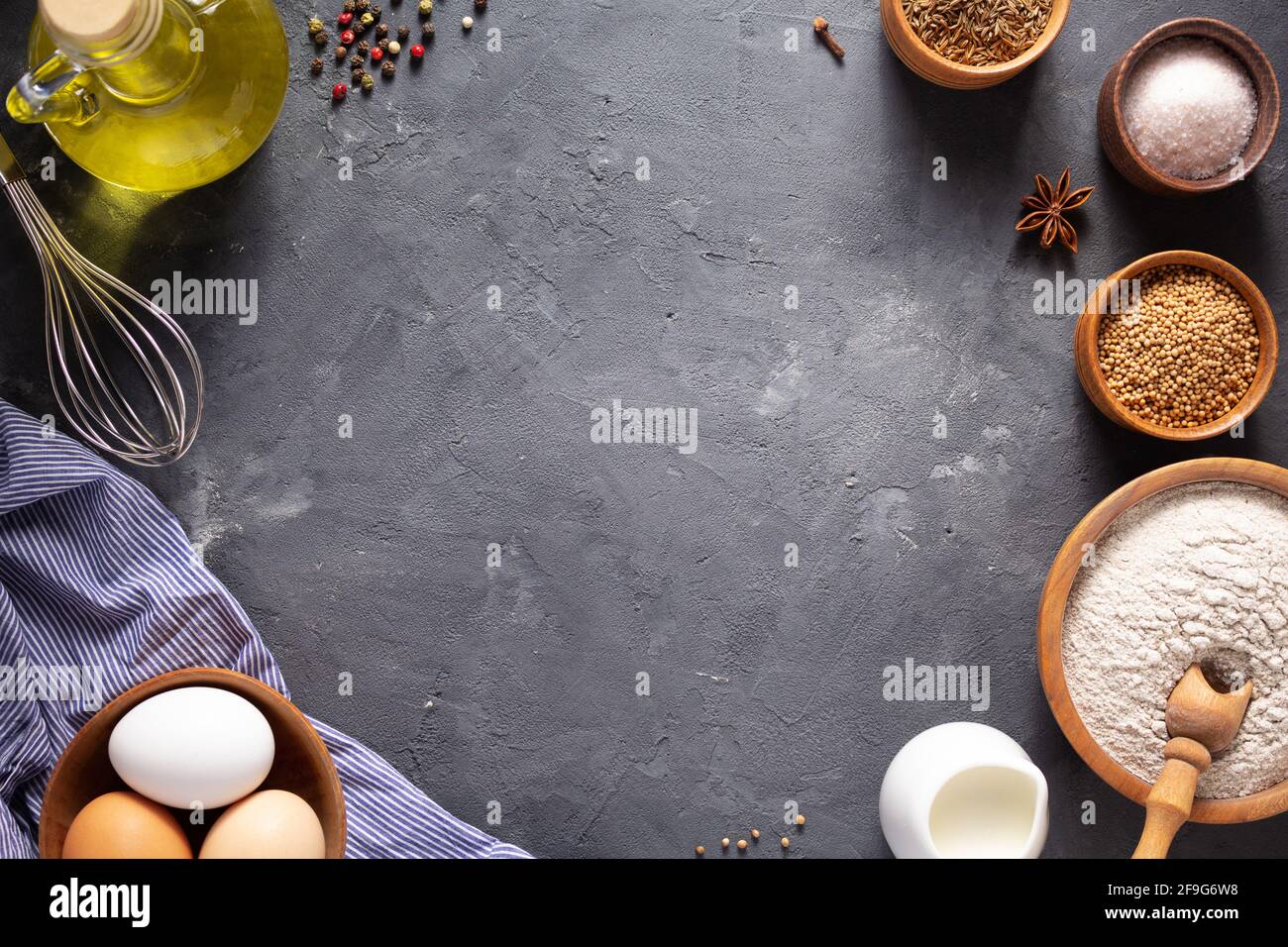 Bakery ingredients for homemade bread baking on table. Food recipe top ...