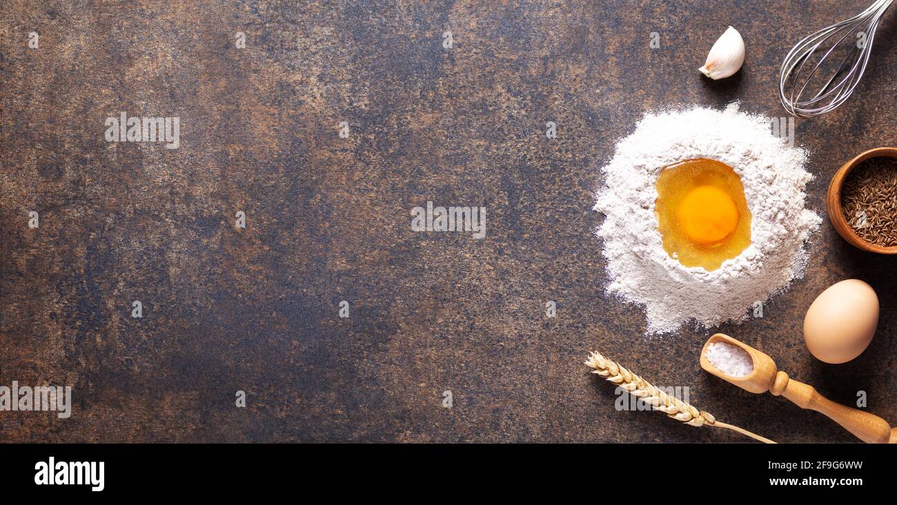 Bakery ingredients for homemade bread baking on table. Flour food and ...