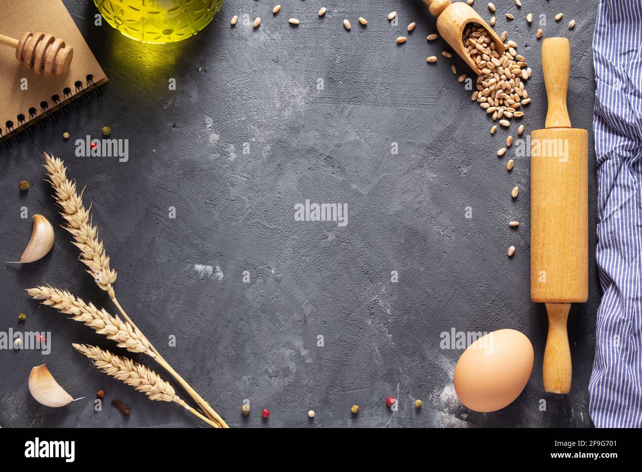 Bakery ingredients for homemade bread baking on table. Food recipe top ...