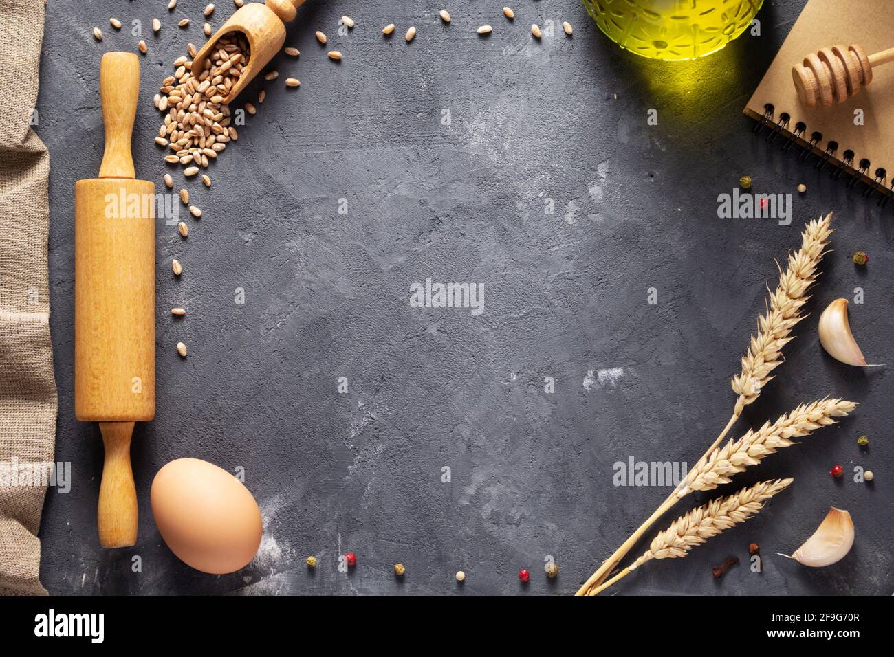 Bakery ingredients for homemade bread baking on table. Food recipe top ...