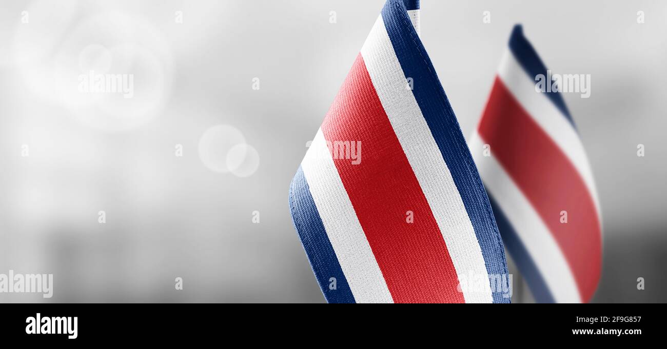 Small national flags of the Costa Rica on a light blurry background ...