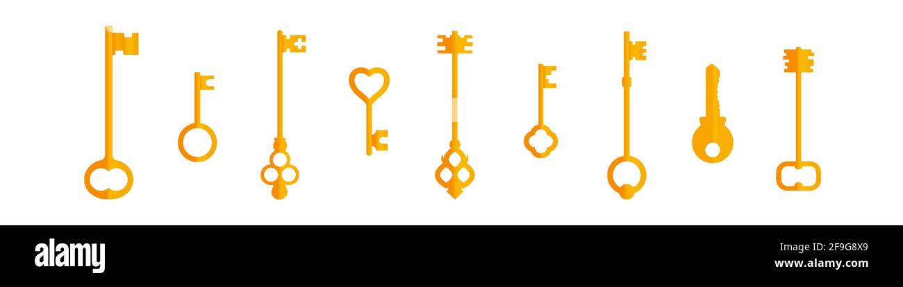 A collection of golden old vintage and modern keys. Gold keys set ...