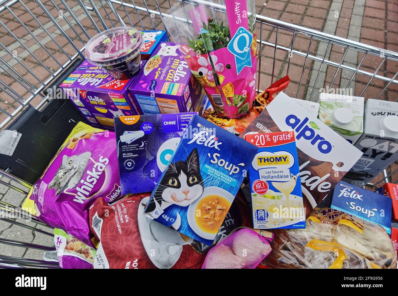 Berlin, Germany - April 16, 2021: View into a full shopping cart with ...