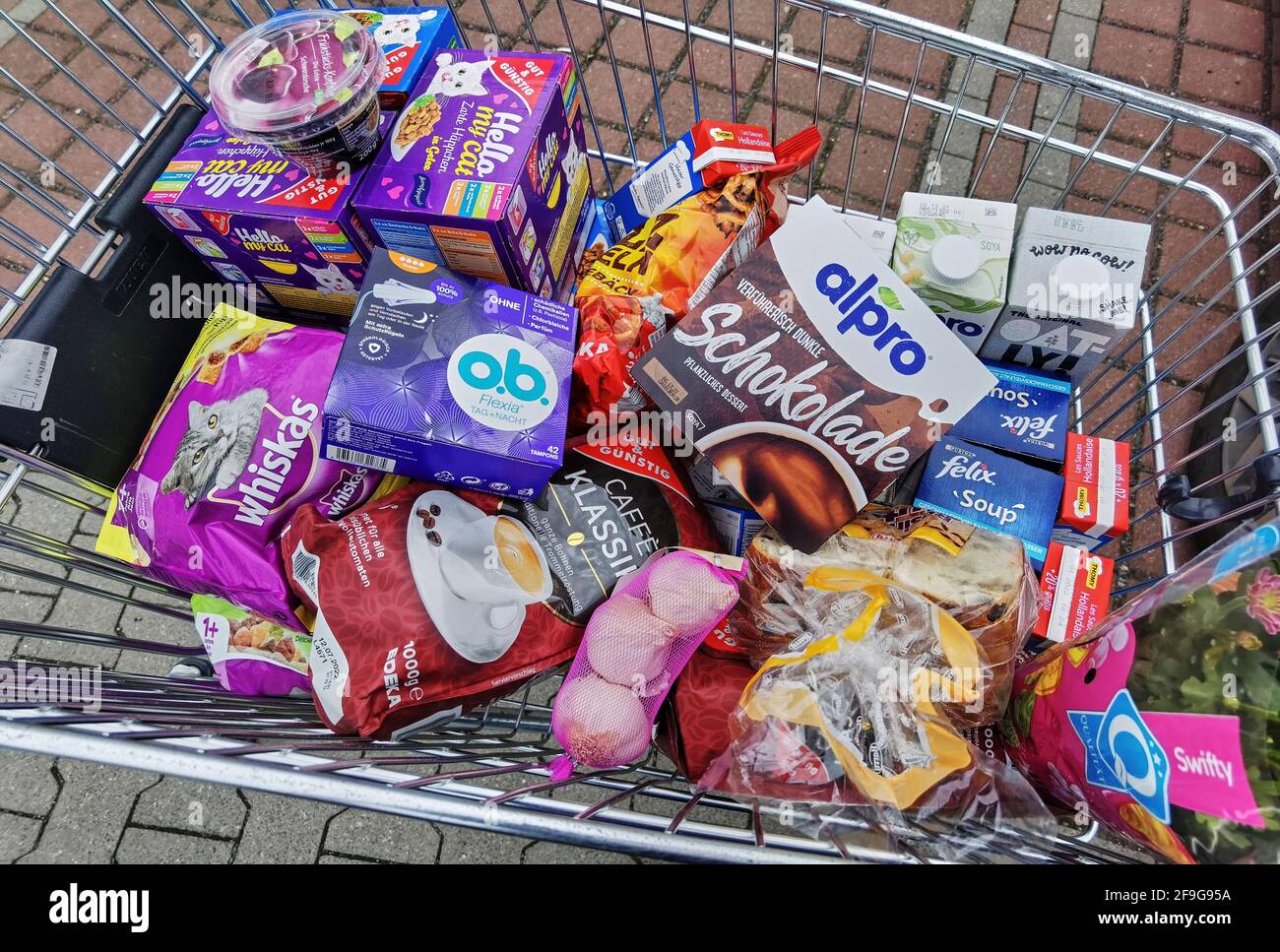 Berlin, Germany - April 16, 2021: View into a full shopping cart with ...