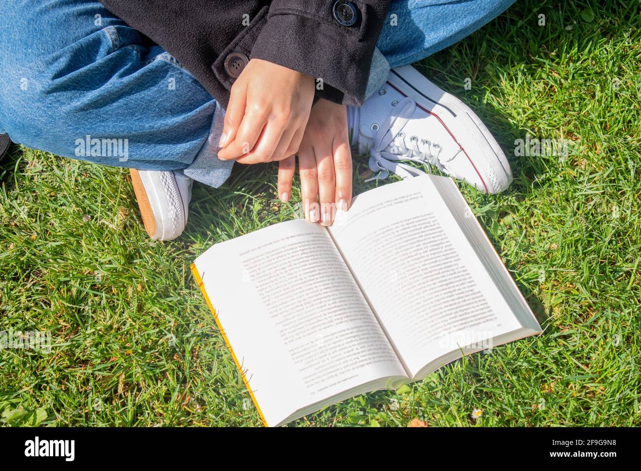 top view of a person with no identity reading a book on the grass with ...