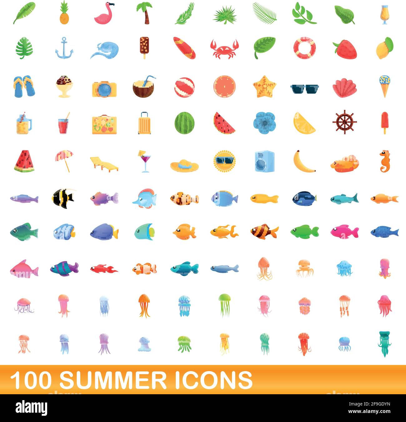 100 summer icons set. Cartoon illustration of 100 summer icons vector ...