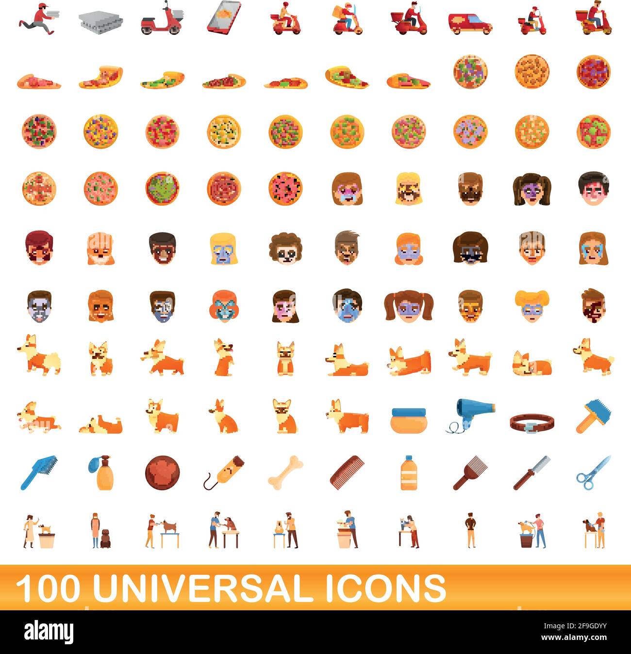 100 universal icons set. Cartoon illustration of 100 universal icons ...