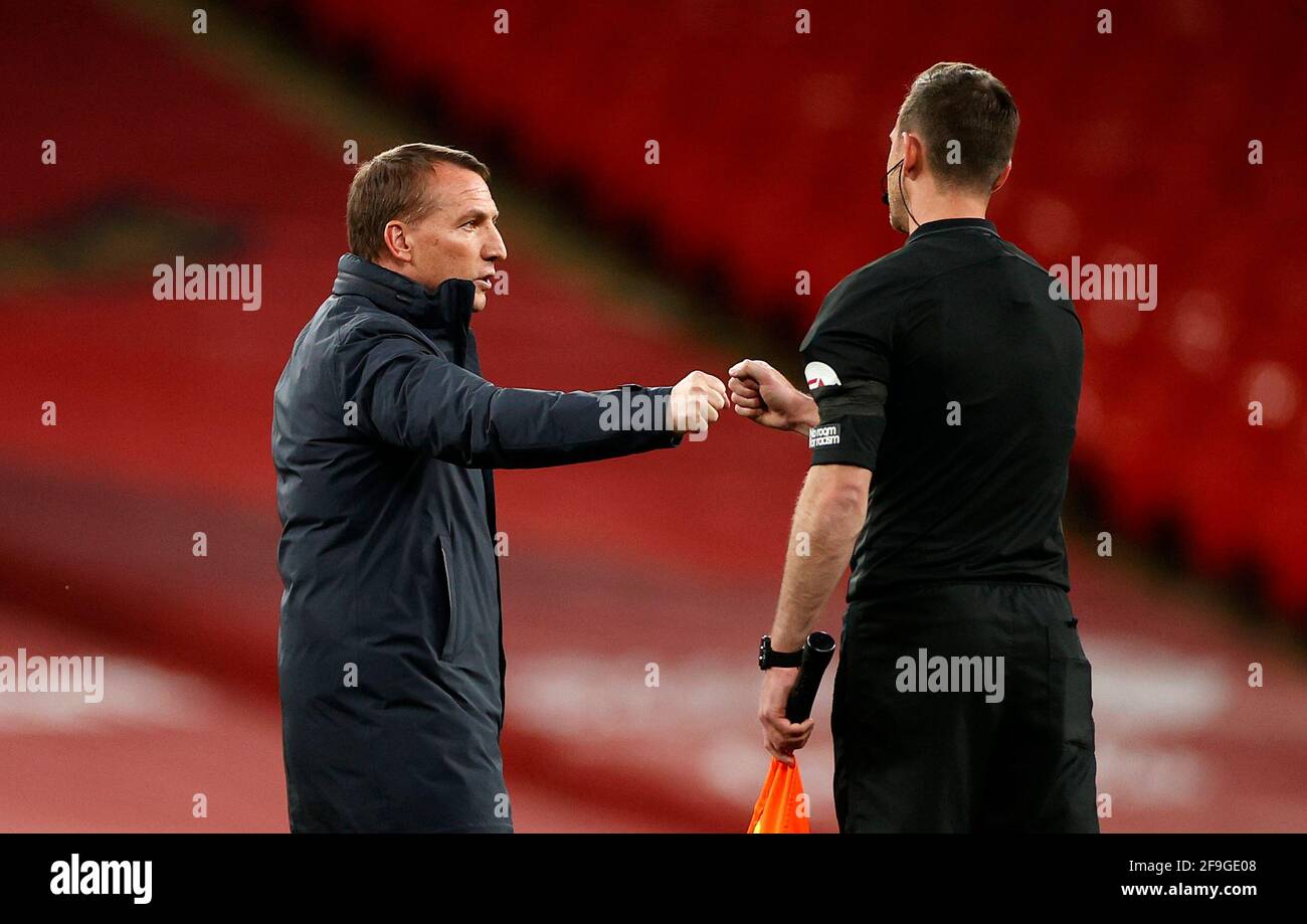 Leicester City manager Brendan Rodgers (left) and assistant referee Dan ...