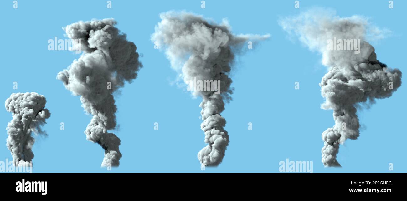 4 renders of solid gray smoke column as from volcano or big industrial ...