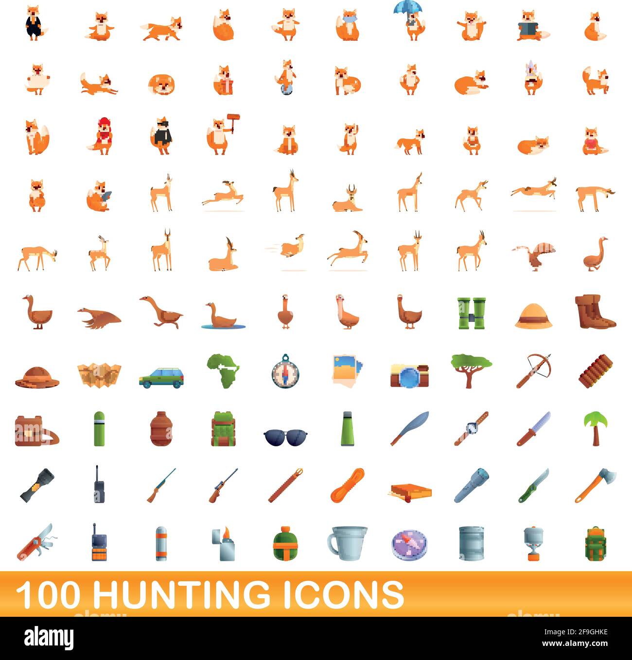 100 hunting icons set. Cartoon illustration of 100 hunting icons vector ...