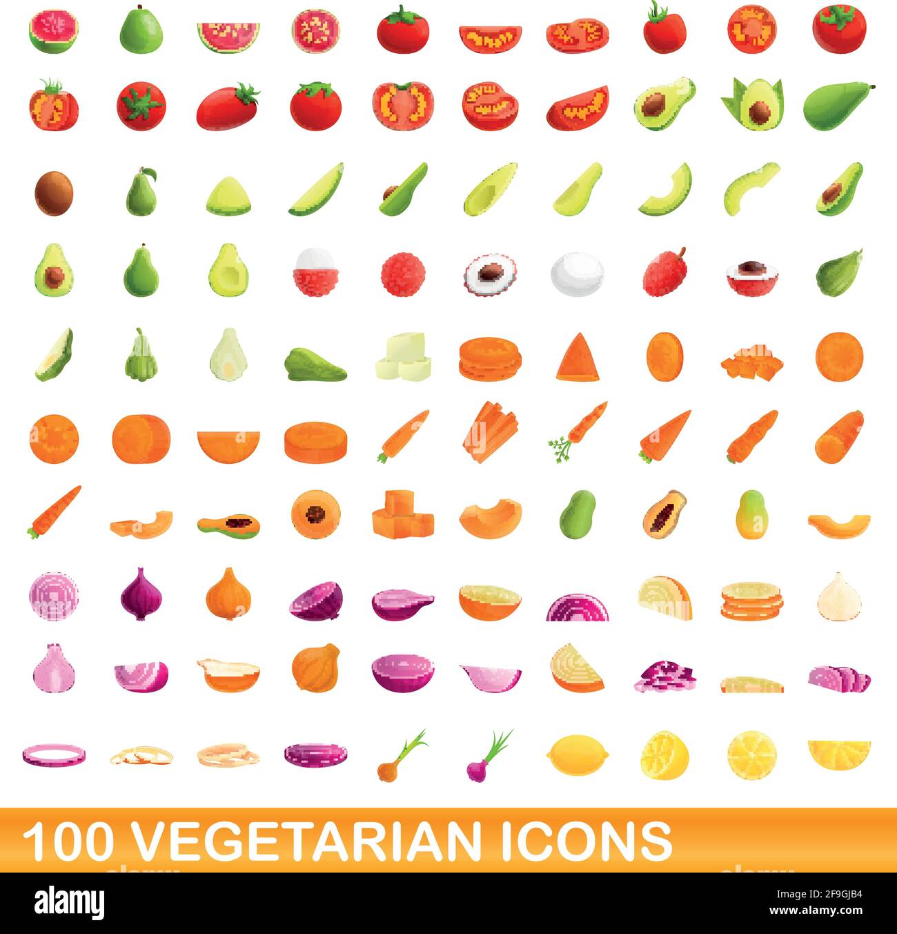 100 vegetarian icons set. Cartoon illustration of 100 vegetarian icons ...