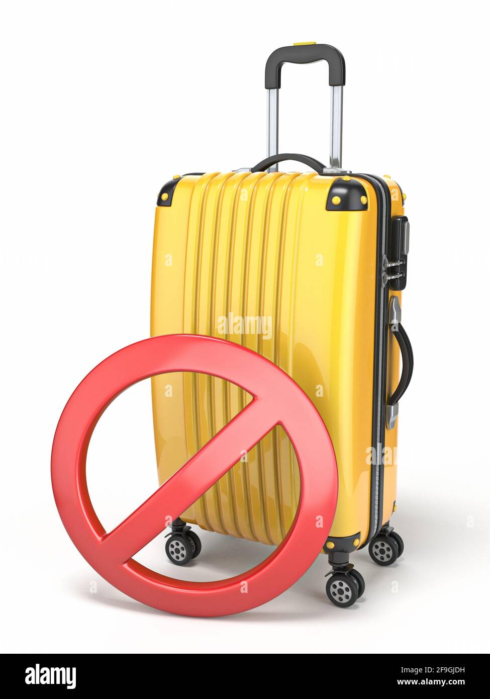 Yellow suitcase and red circle prohibition sign 3D render illustration ...