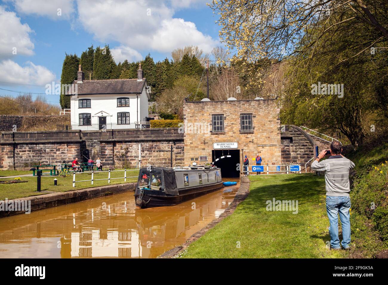 Canal narrowboat on the Trent and Mersey canal coming out of the ...