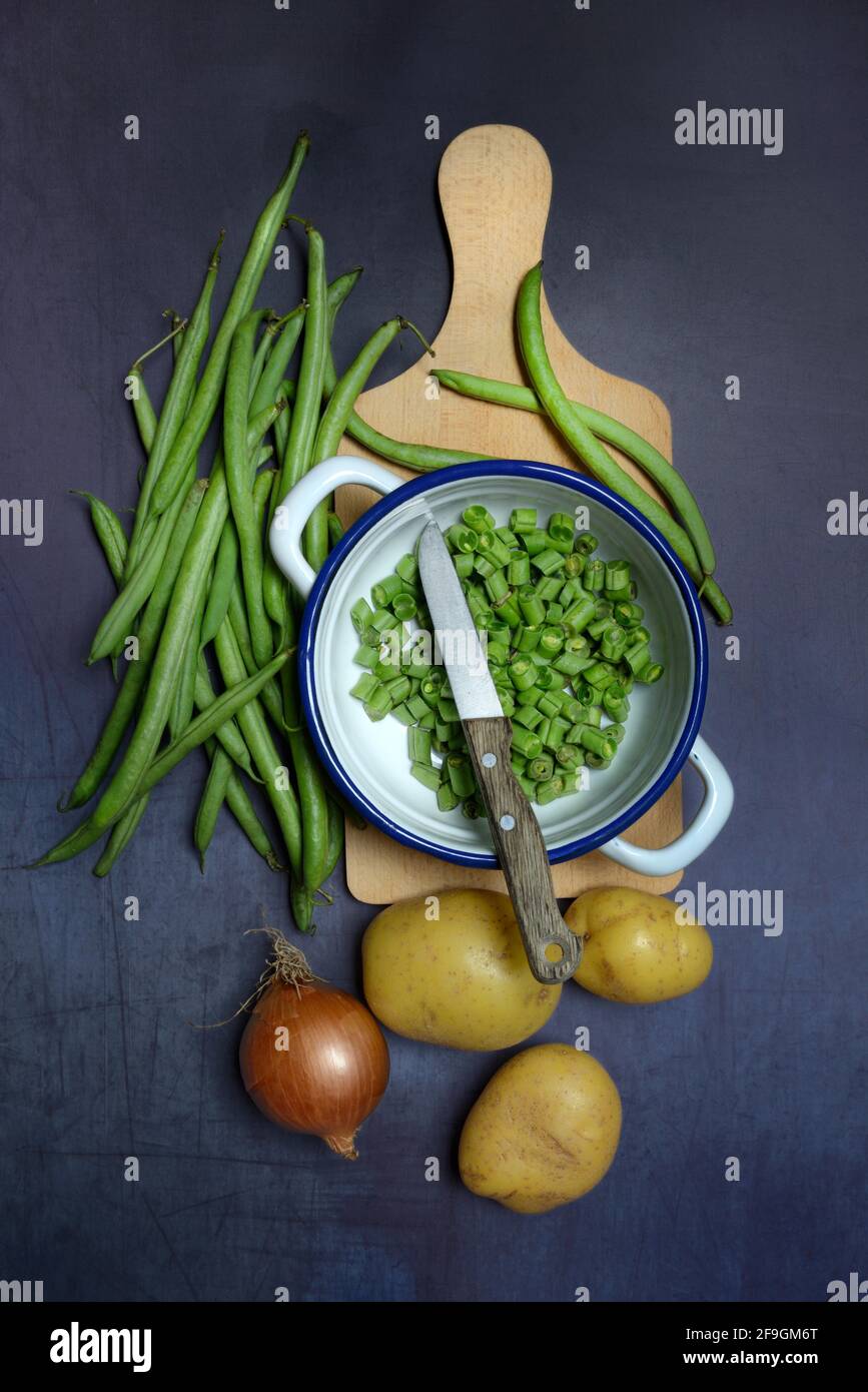 Chopped beans in shell, bush beans, potatoes and onion, Germany Stock ...