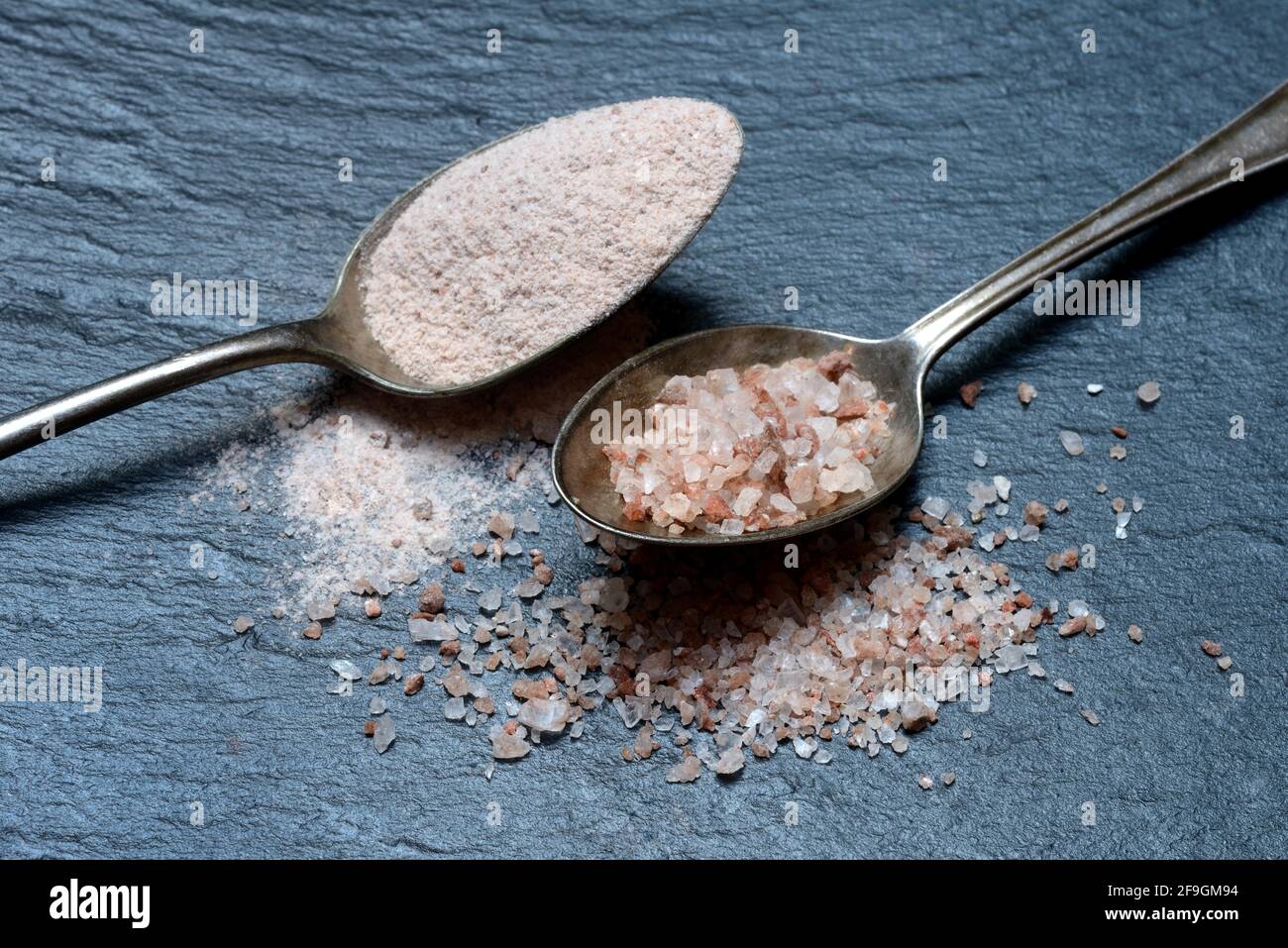 Salt, ground and crystalline natural salt in spoons, Germany Stock ...