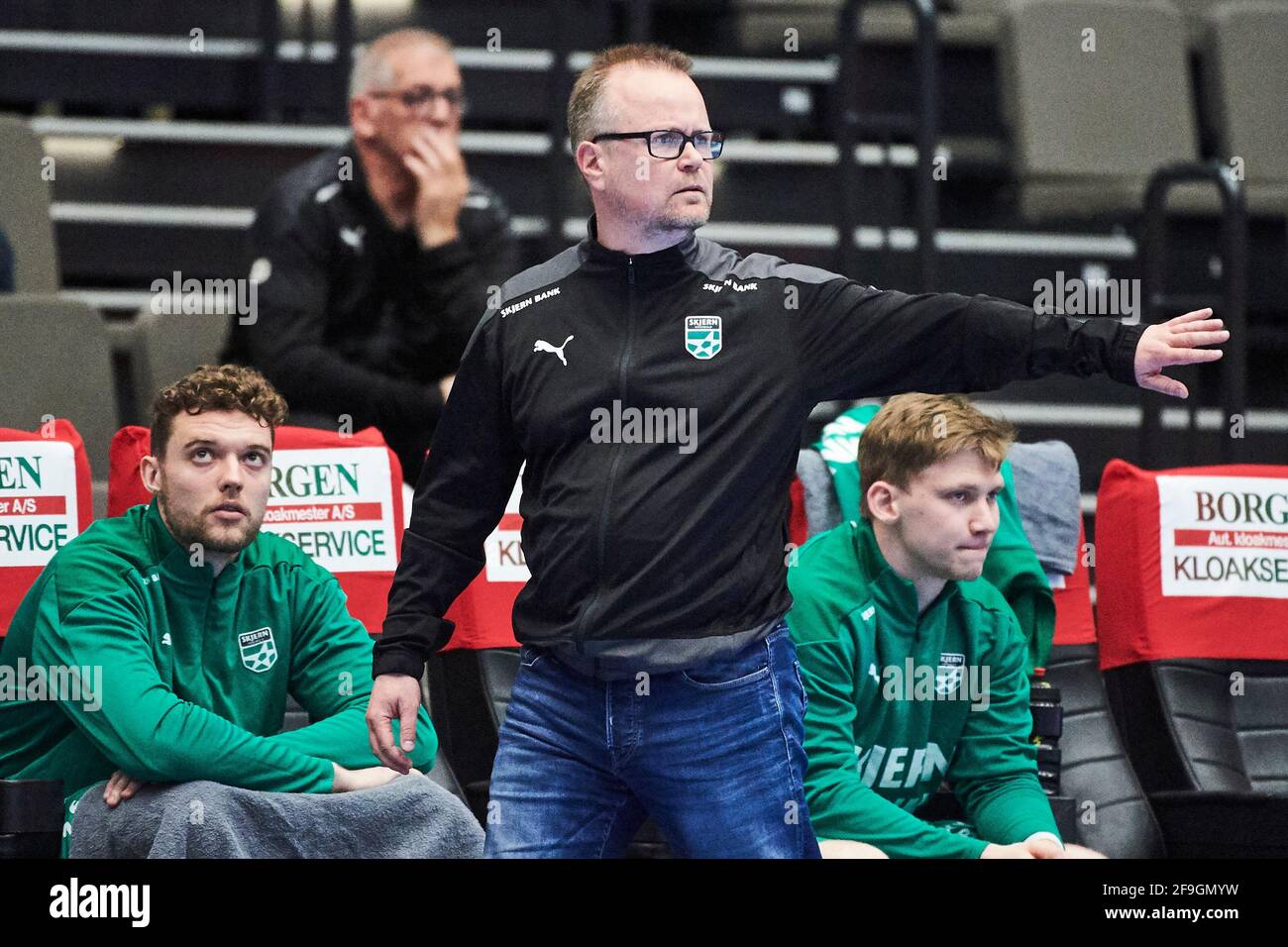 Aalborg, Denmark. 18th Apr, 2021. Head coach Claus Hansen of Skjern ...
