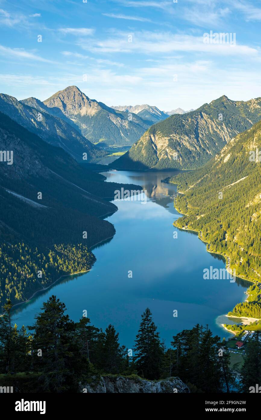 View from the summit of Schoenjoechl to Plansee and mountains, morning ...