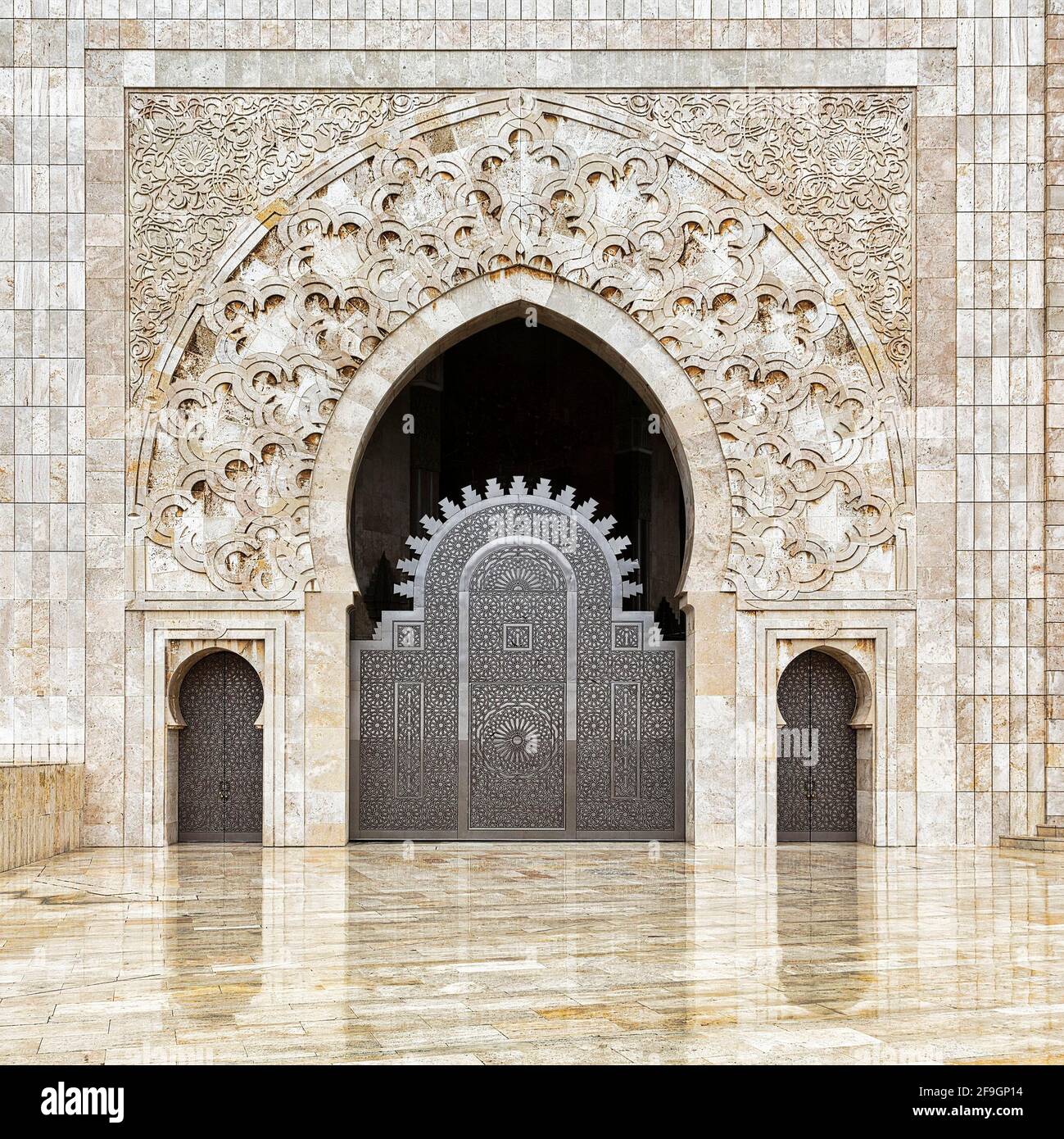 Ornate exterior wall, entrance gate with ornament, Hassan II Mosque ...