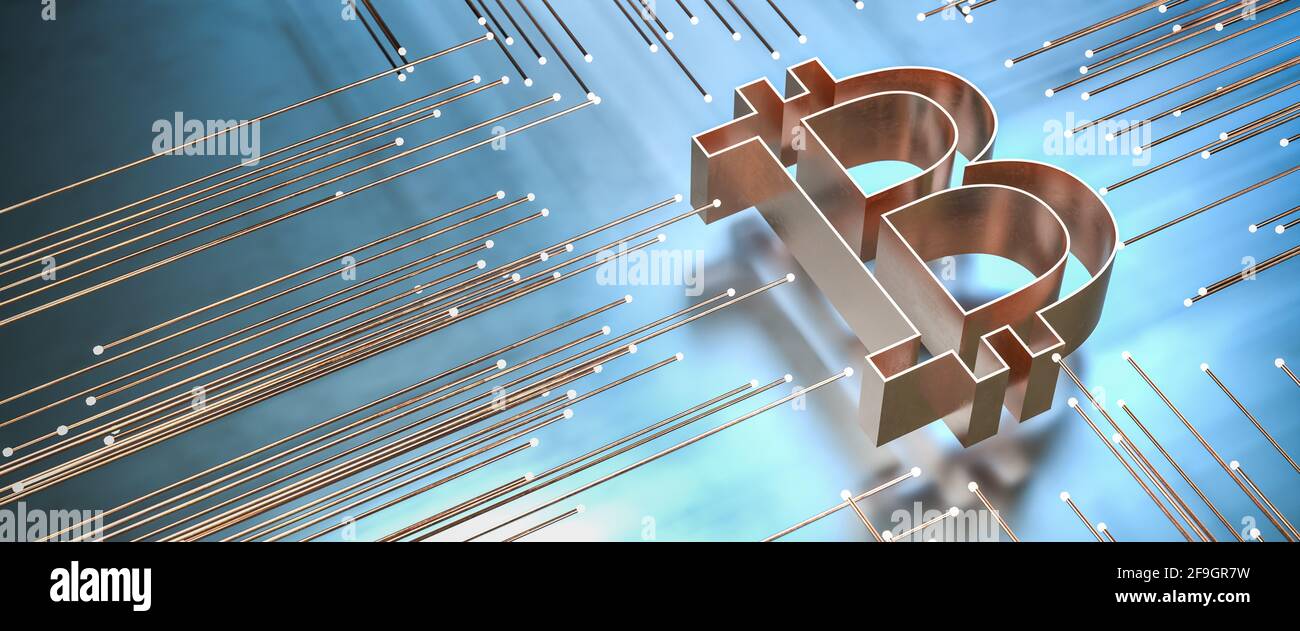Bitcoin concept - A Bitcoin B in copper surrounded by copper lines with ...