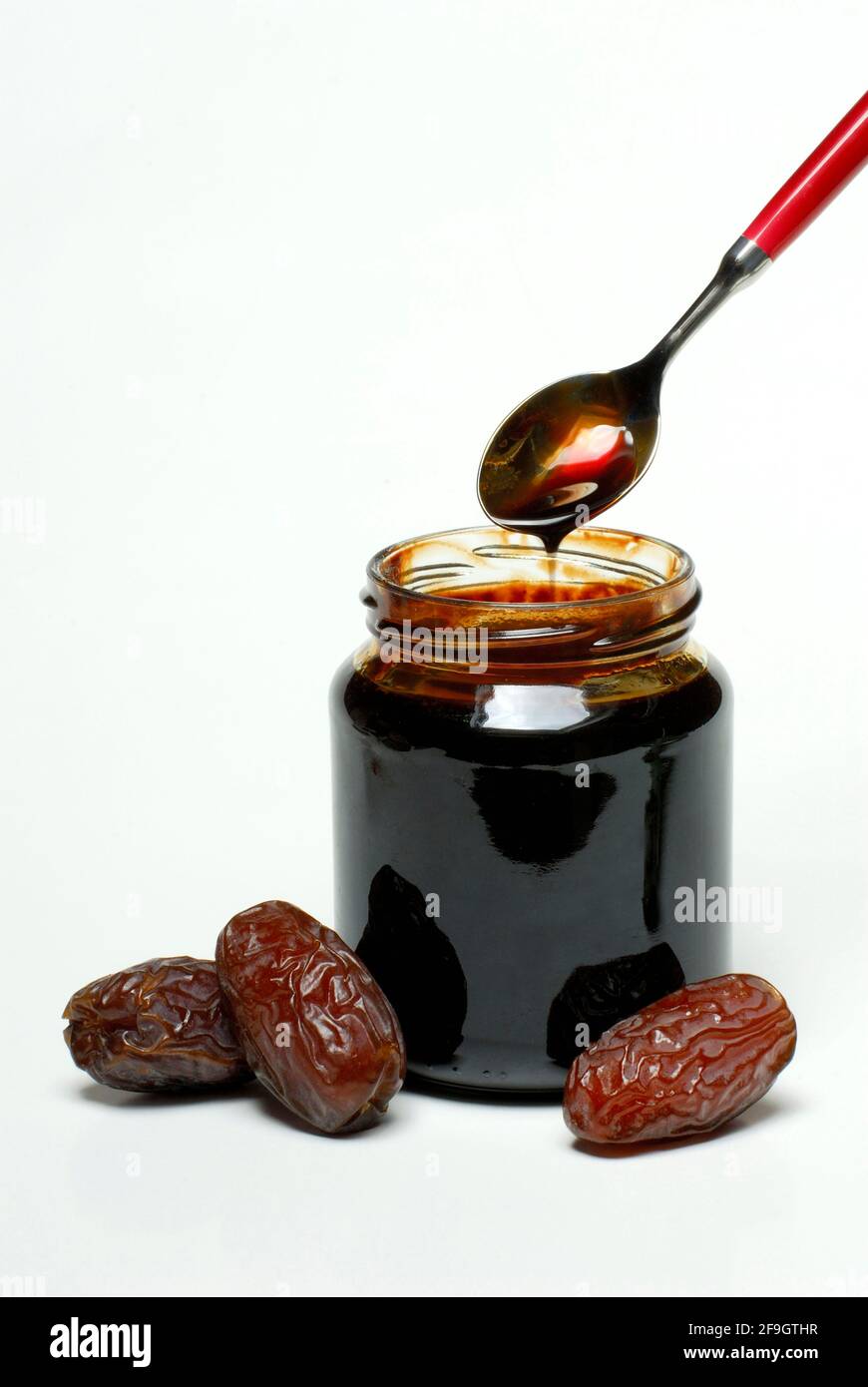 Dried dates, date syrup (Phoenix dactylifera) , date juice concentrate ...
