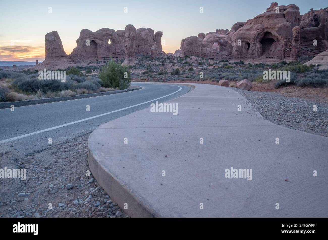 Road near the trail head to Double Arch in Arches National Park, Moab ...