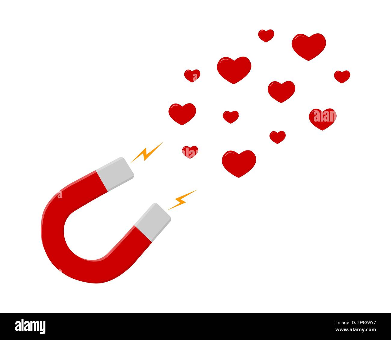 Red horseshoe magnet attracting hearts isolated on white background ...