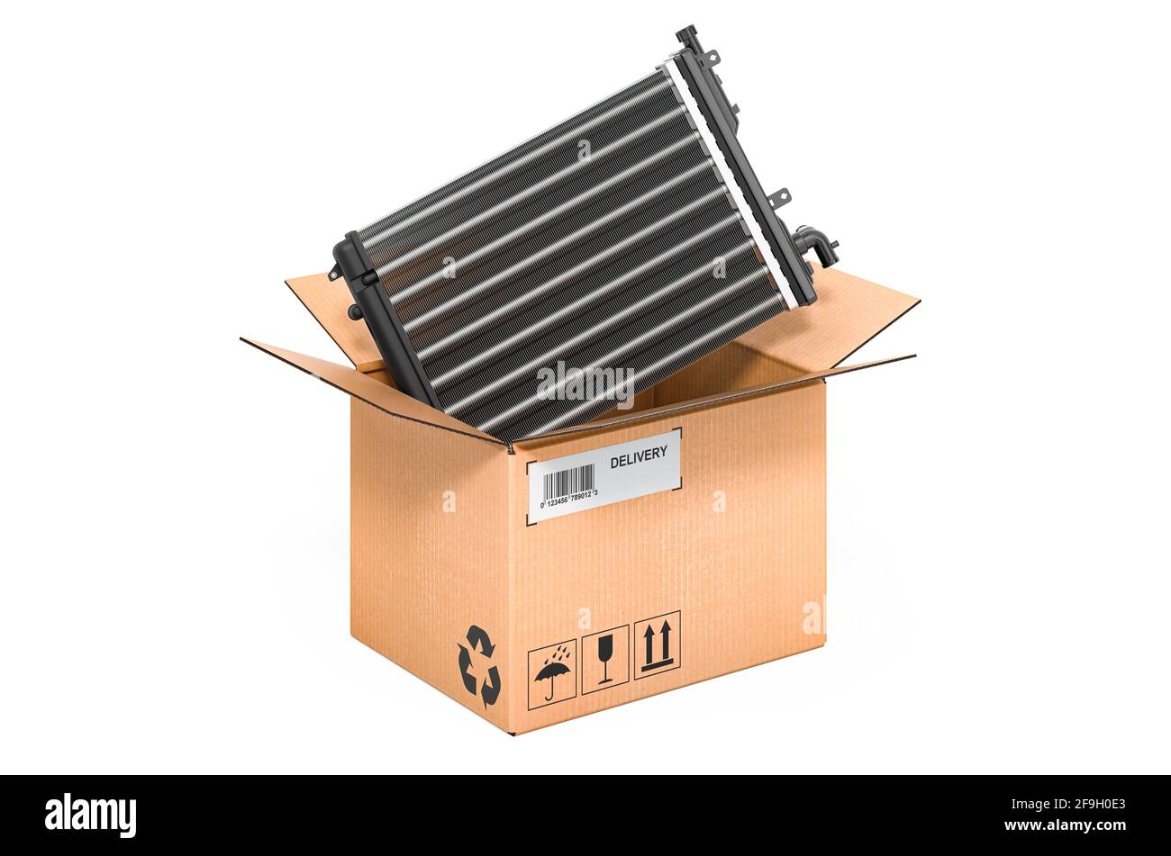 Car radiator inside cardboard box, delivery concept. 3D rendering ...